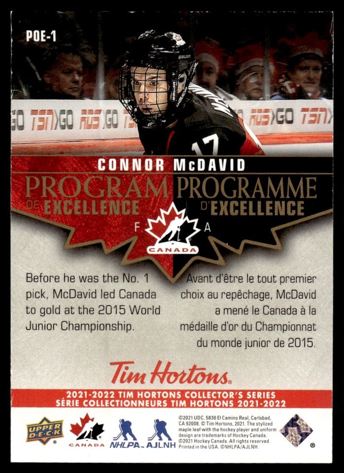 Connor McDavid #POE-1 2021-22 Upper Deck Tim Hortons Team Canada ...