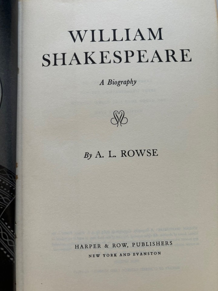 William Shakespeare: A Biography by A.L. ROWSE First Edition Hardcover ...