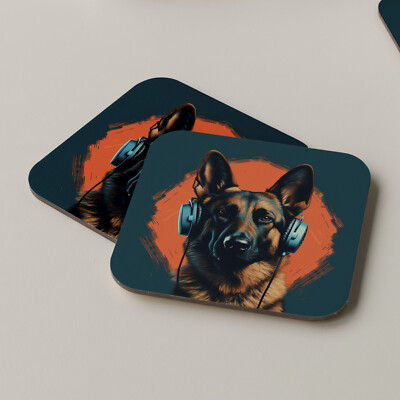 German Shepherd Coaster Drinks Tea Coffee Music Headphones DJ Music ...