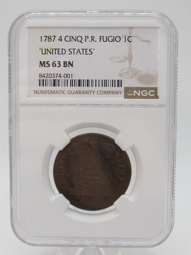 1787 Fugio STATES UNITED, 4 Cinq Colonial Copper Cent 1C NGC MS 63 BN ...
