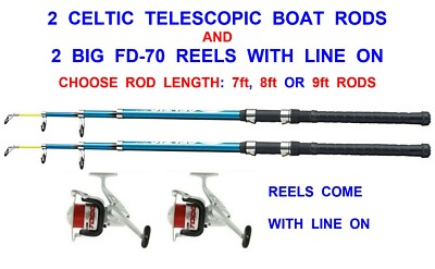 2 CELTIC TELESCOPIC BOAT RODS+2 FD-70 REELS+LINE FOR KAYAK SEA FISHING ...