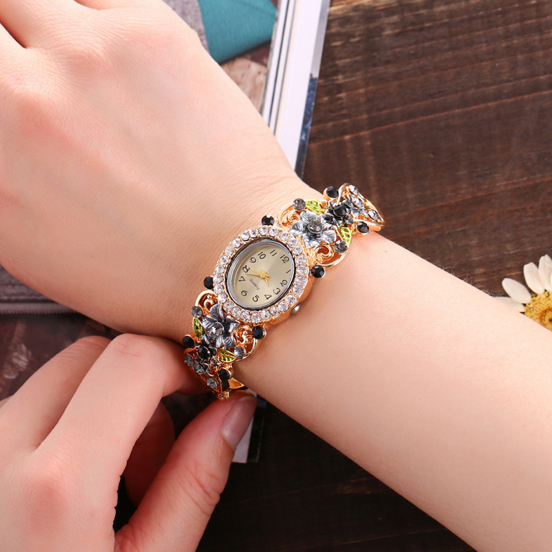 Flower-encrusted hallow women watch lady Casual Leather Strap Quartz ...