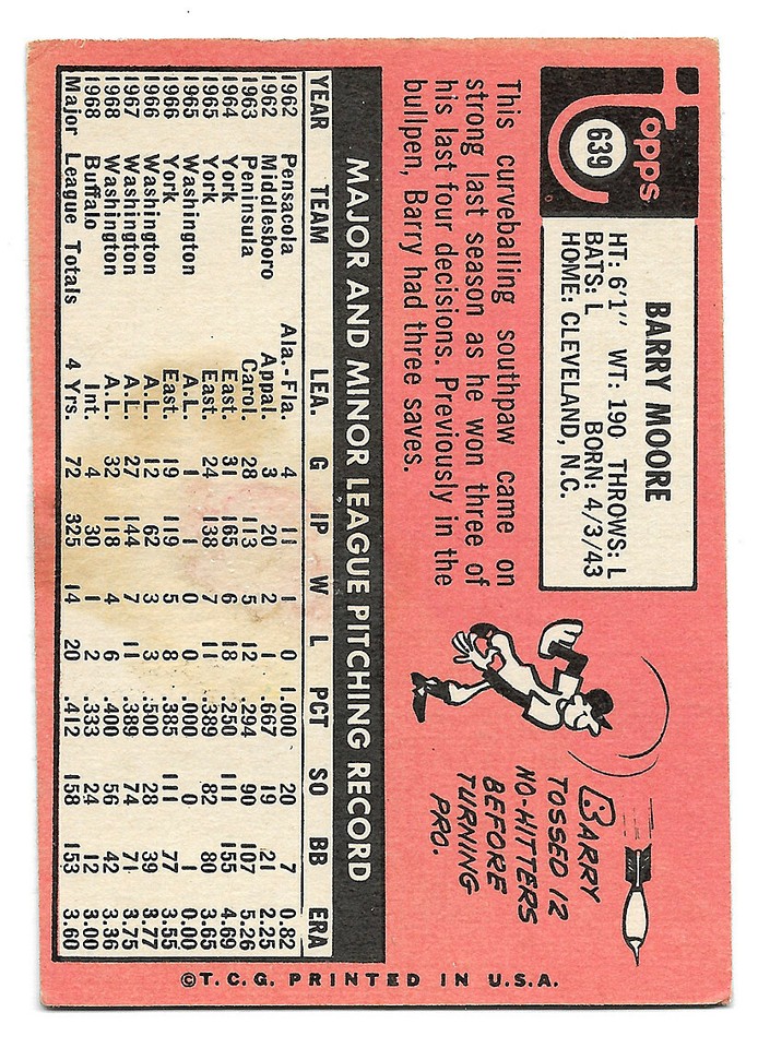 1969 Topps #639 Barry Moore Baseball Card - Washington Senators - High ...