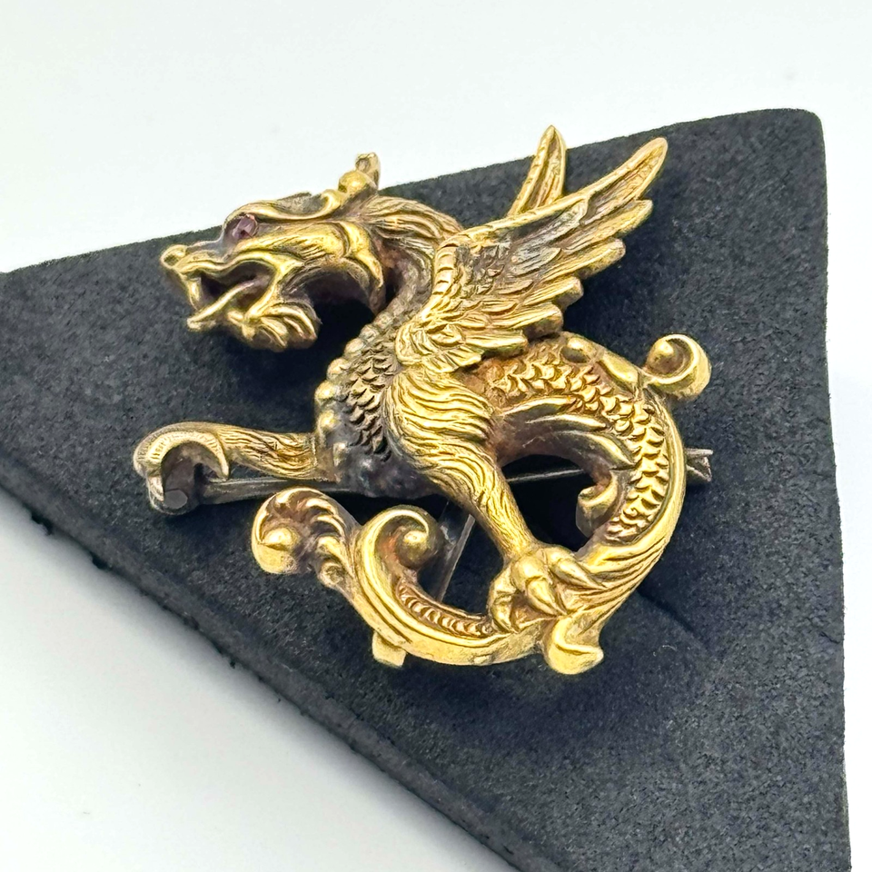 Vtg 14K Gold Dragon Pin w Ruby Eye, Winged Mythical Beast Brooch 4.6g ...