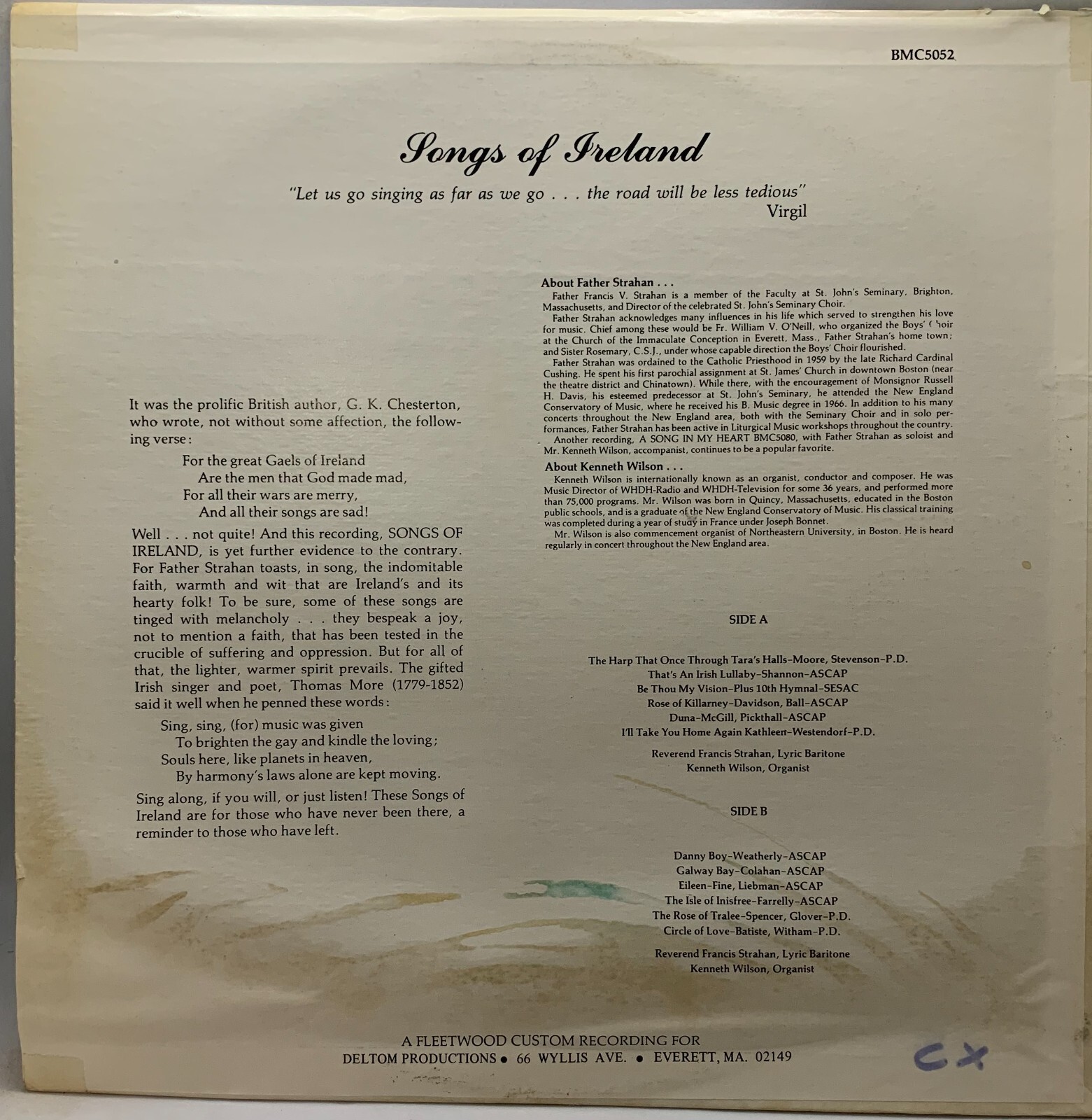 Songs Of Ireland Kenneth Wilson Rev Francis Strahan Delton Records BMC ...