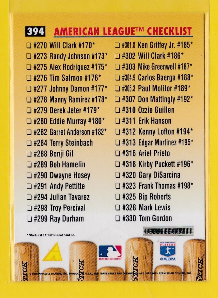 1996 Pinnacle #394 American League Checklist Foil FREE SHIPPING | eBay