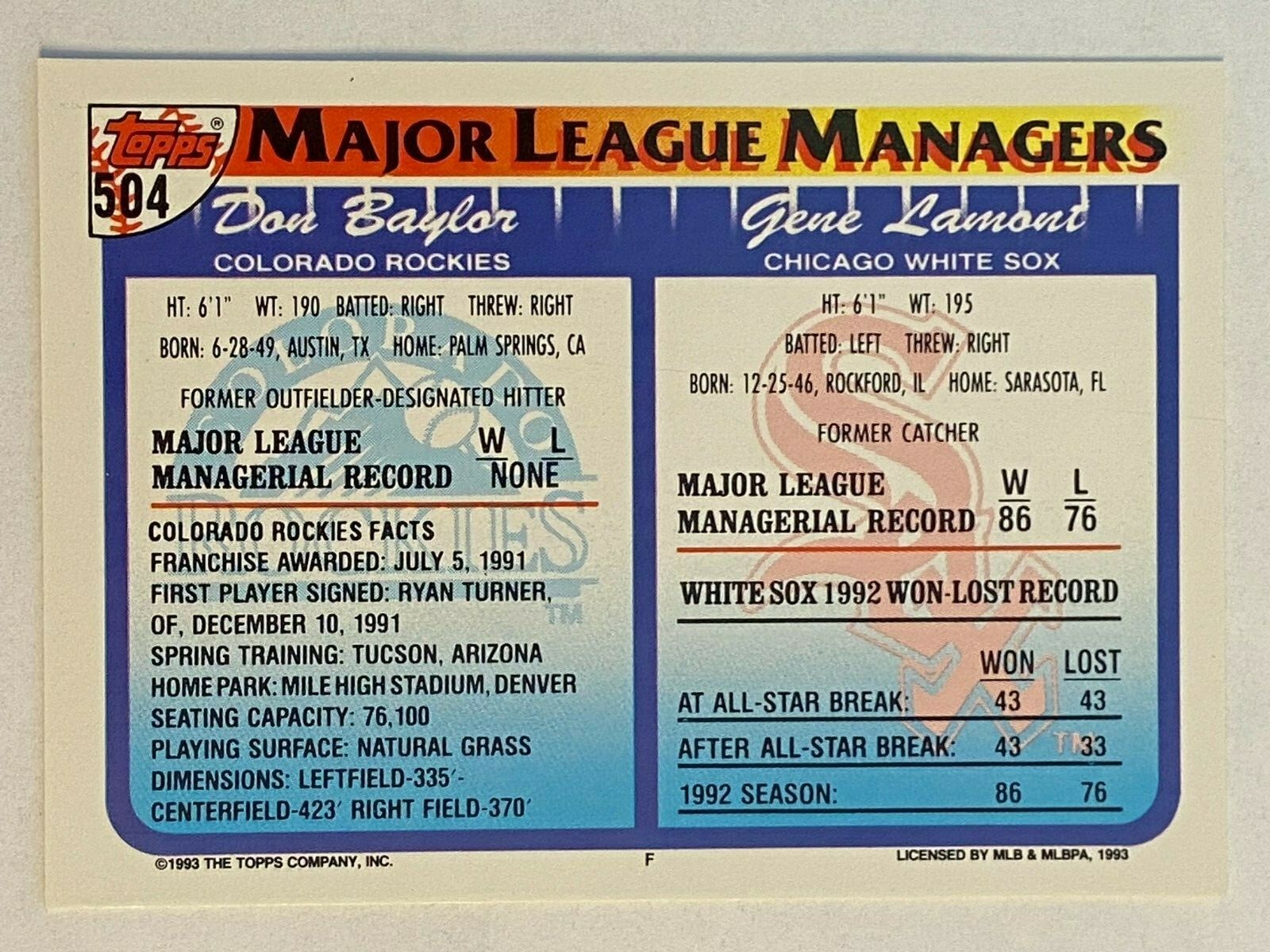 1993 Topps - Major League Managers Gold #504 Don Baylor, Gene Lamont ...