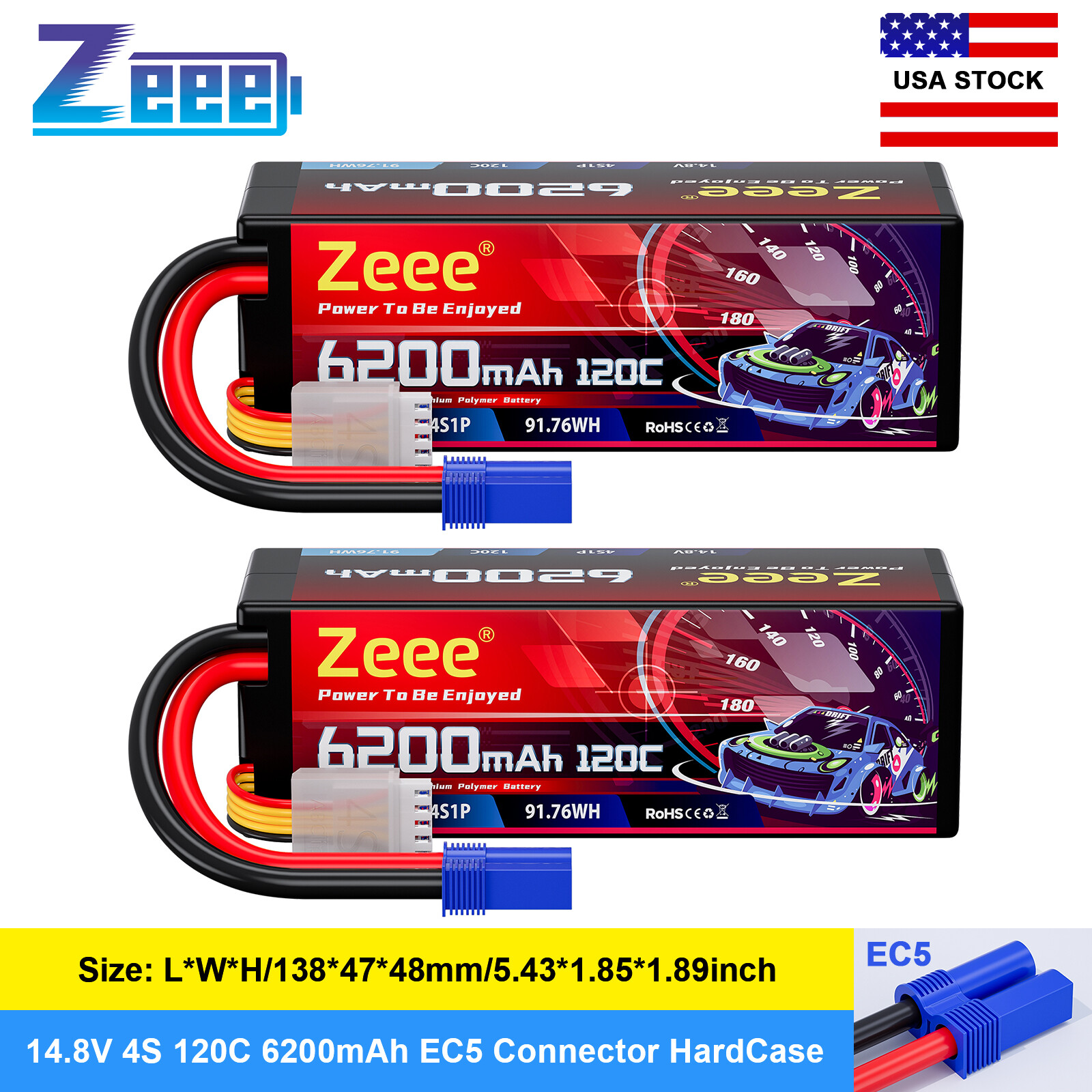 2x Zeee 14.8V 120C 6200mAh 4S Lipo Battery EC5 HardCase for RC Car Tank ...