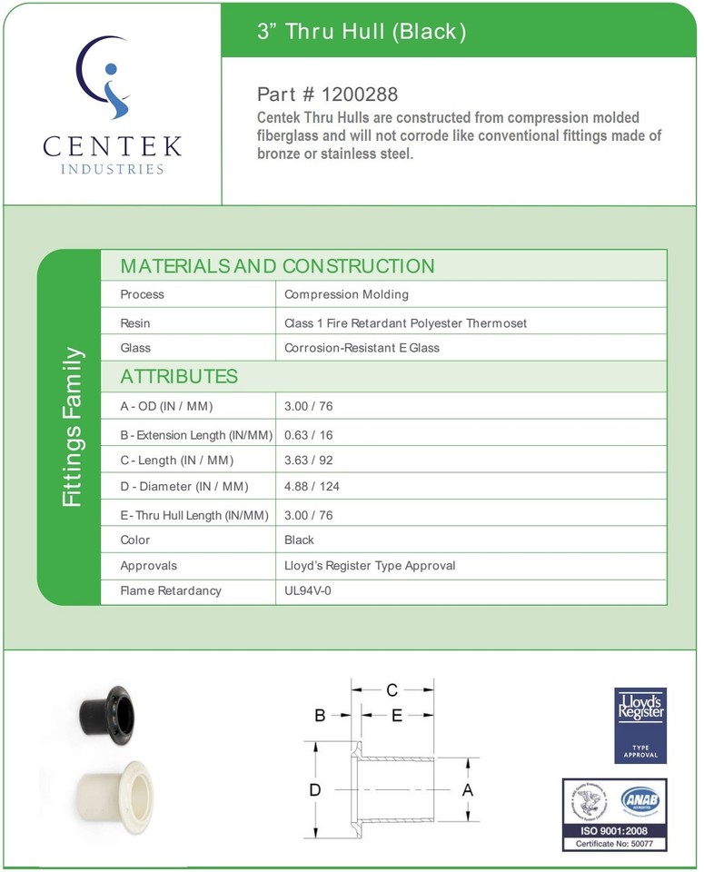 Centek 1200288 Black Thru Hull Fitting 3 Inch Outside Diameter | United ...