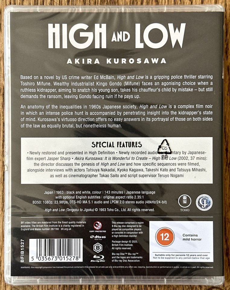 High and Low (blu-ray) Brand new. Akira Kurosawa. BFI region B (read ...