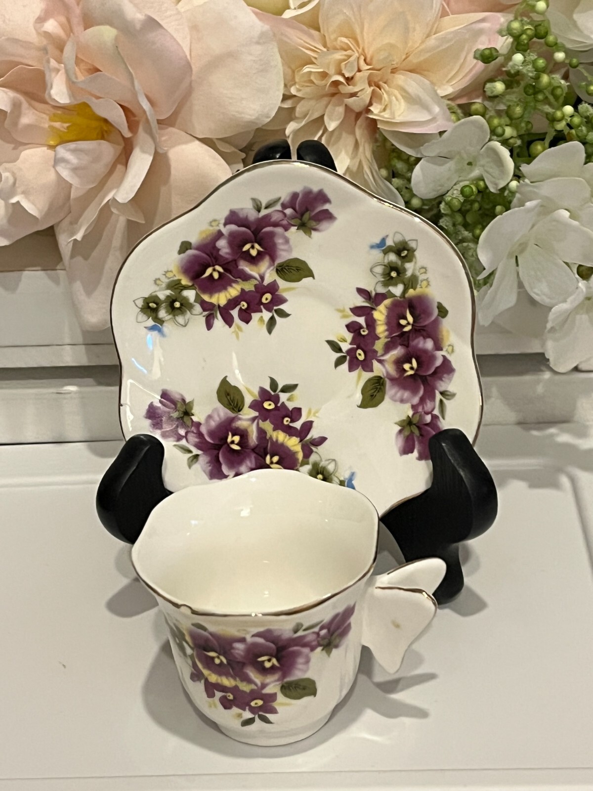 GRACE TEAWARE Teacup & Saucer Set Pansy Flower Floral Leaf Gold Rim ...