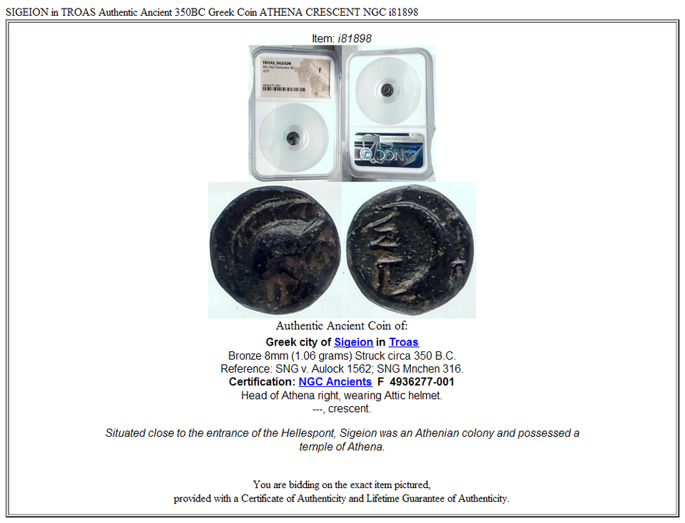SIGEION in TROAS Authentic Ancient 350BC Greek Coin ATHENA CRESCENT NGC ...