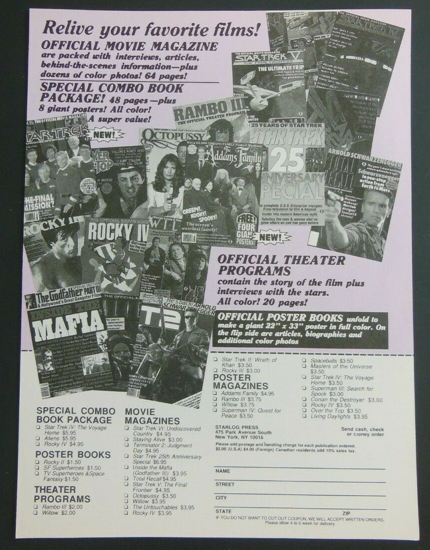 Starlog Press Movie Magazine Print Ad 8 x 11 Inch Order Form Vintage ...