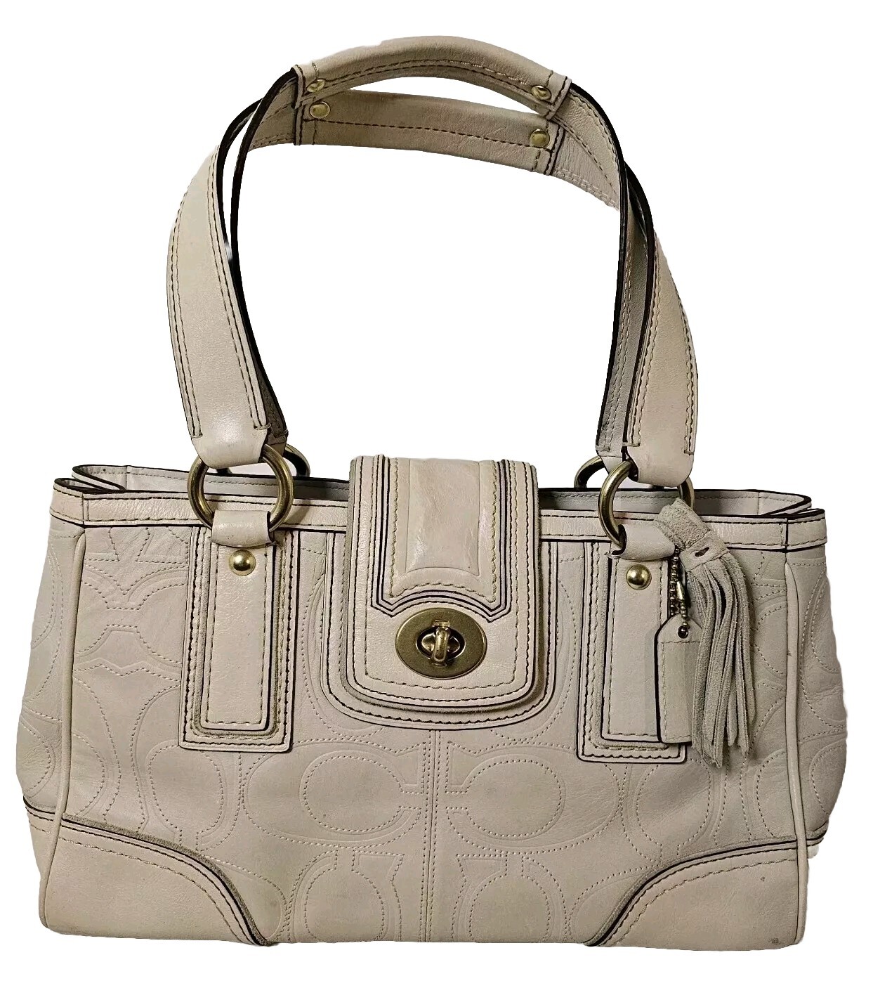 Coach Hampton Vtg Ivory Leather Embossed Signature C… - Gem