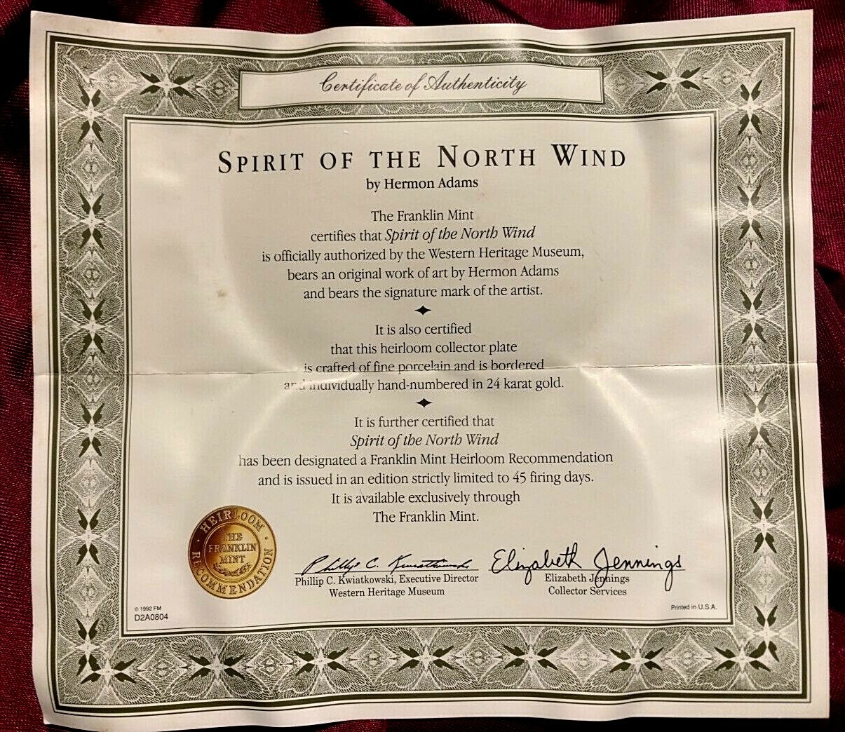 HERMON ADAMS "SPIRIT OF THE NORTH WIND" FRANKLIN MINT WESTERN HERITAGE ...