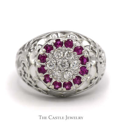 Ruby & Diamond Kentucky Cluster Ring with Open Filigree Sides in 10k ...