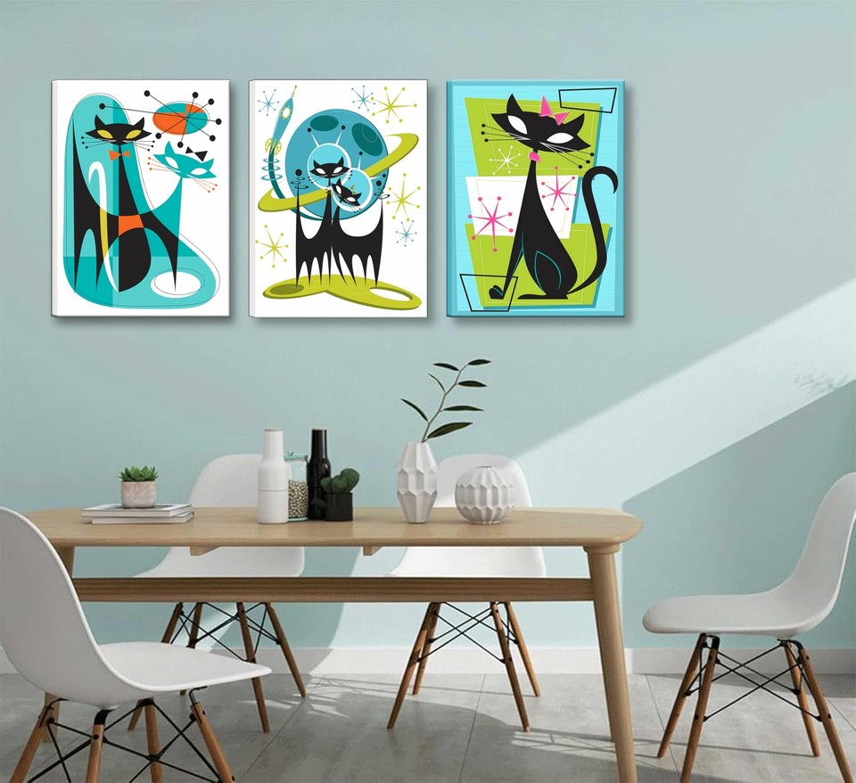 3pcs Framed Atomic Cats Wall Art Mid-Century Modern Retro Futurism ...