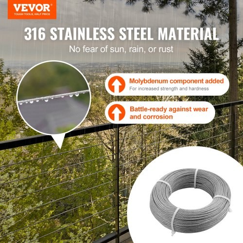 VEVOR T316 Deck Railing Cable, 1/8" Stainless Steel Wire Rope 300 ft ...