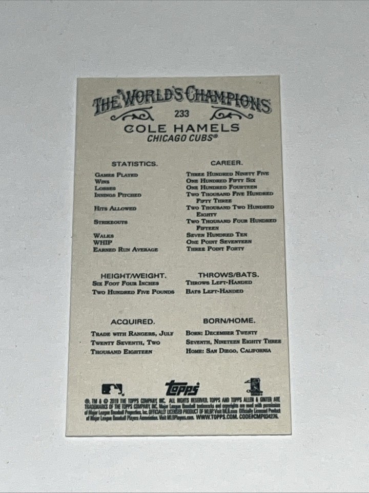 2019 Topps Allen & Ginter Mini Black Cole Hamels #233 | eBay UK