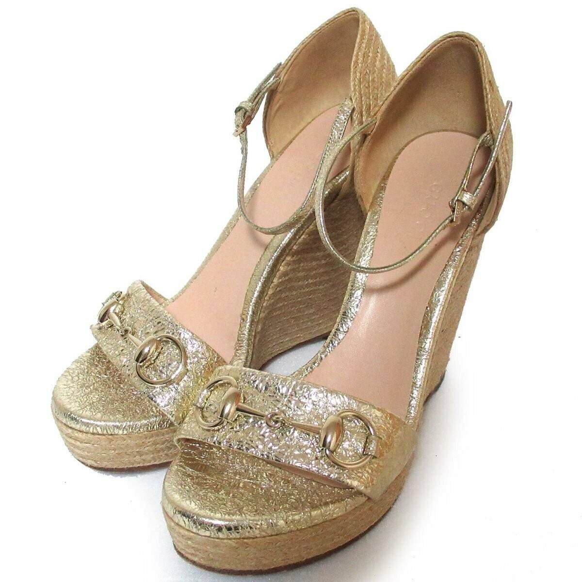 GUCCI Horsebit Wedge High Heel Ankle Strap Gold Sandals Size GUCCI Horsebit Wedge High Heel Ankle Strap Gold Sandals Size