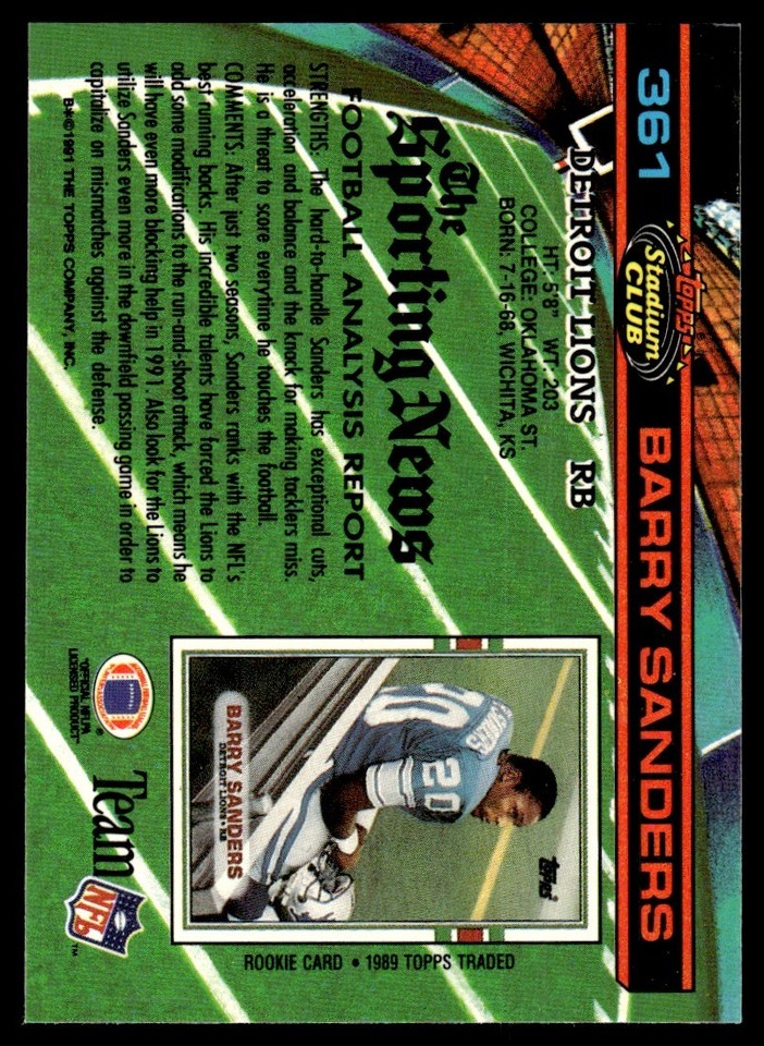 1991 Stadium Club Barry Sanders Detroit Lions #361 | eBay