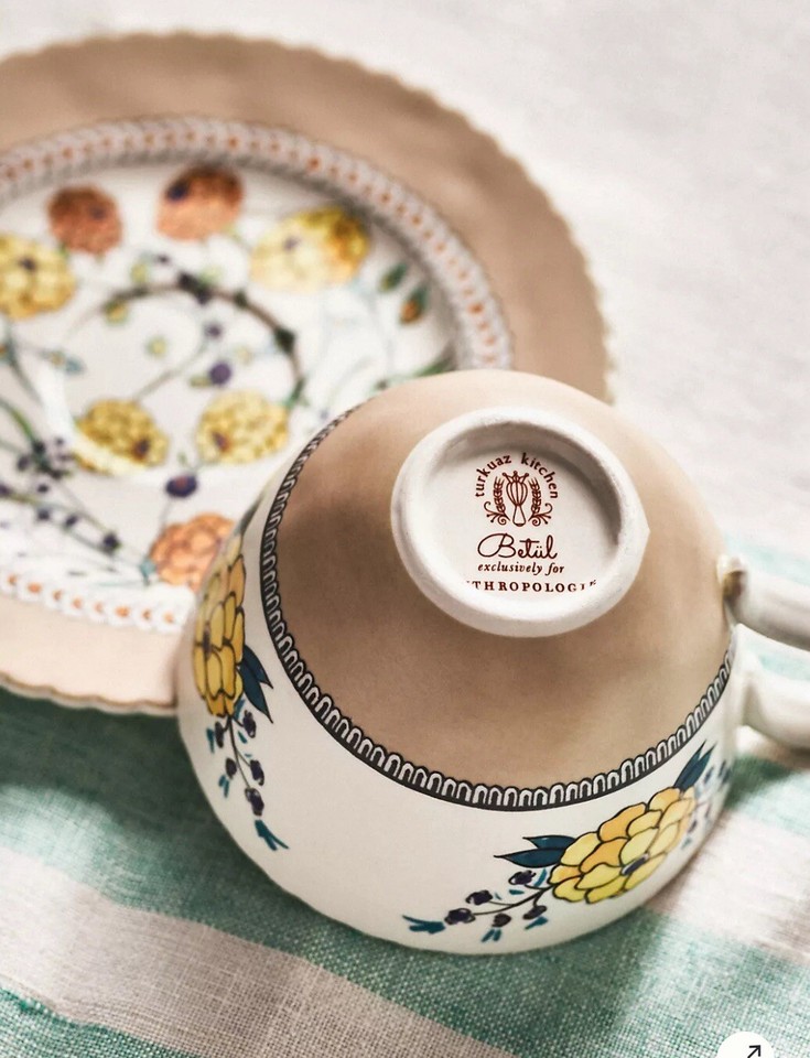 Anthropologie Turkuaz Kitchen Posy Teacup and Saucer Set , Gold *NIB ...