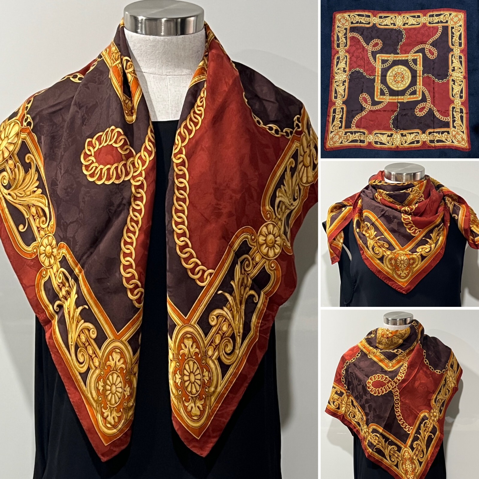 Vintage Italy Choc/Russet/Gold Silk Jacquard Chains Scarf 84cm x 84cm ...