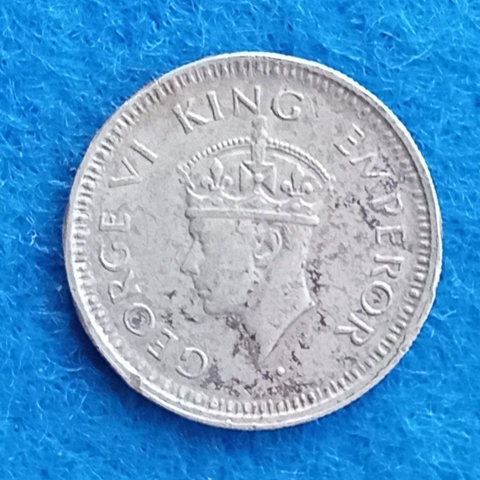 1945 India 1/4 Rupee Coin , 0.500 Silver , Lahore Mint , George VI ...