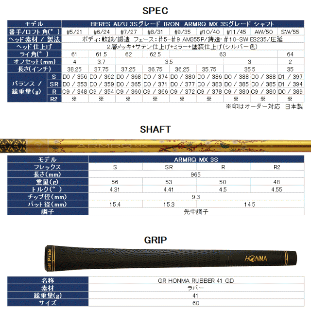 HONMA Golf BERES Aizu 3S 3 Star Grade Iron Club #AW R-Flex ARMRQ MX ...