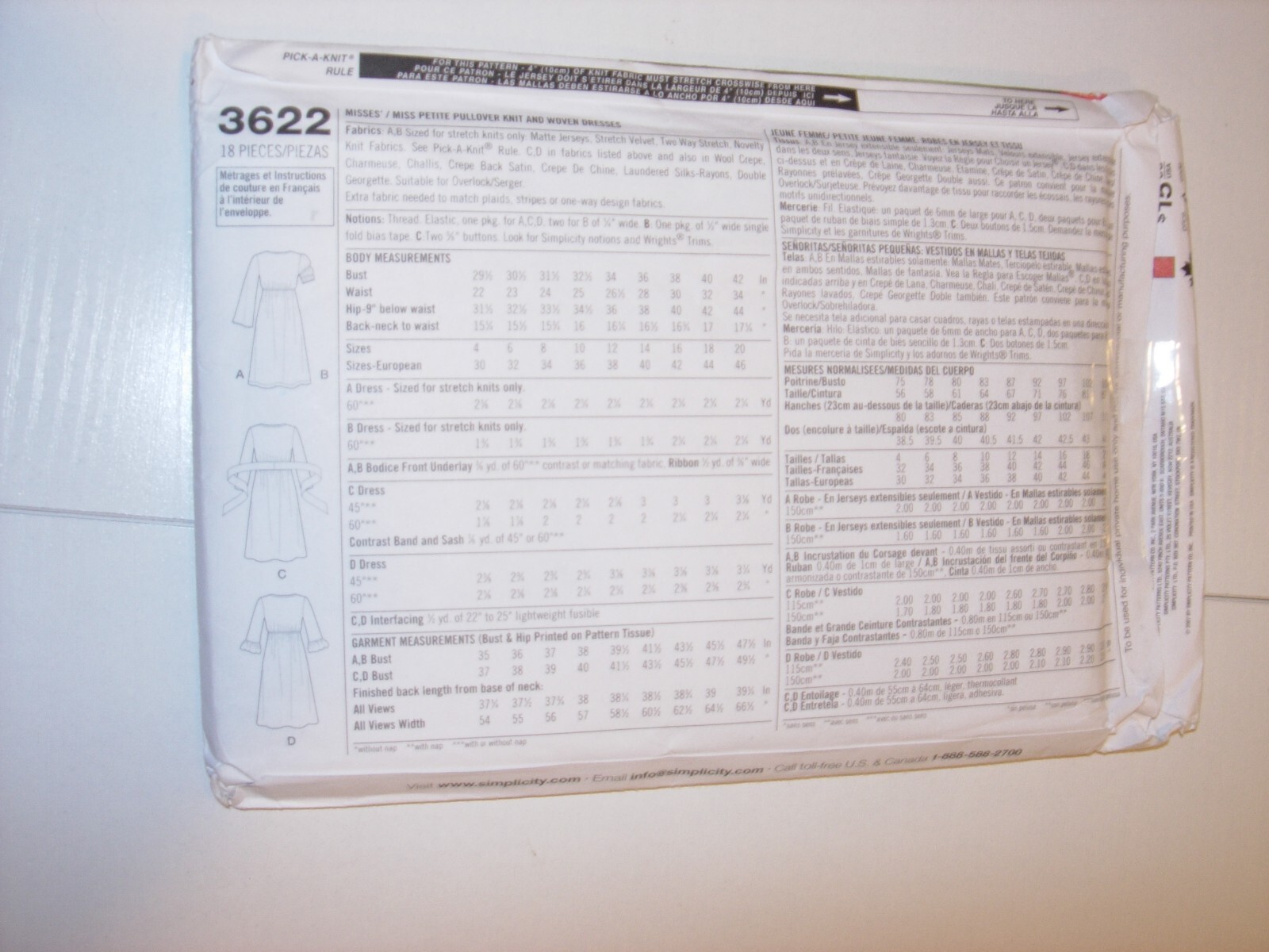 WOMENS UNCUT SIMPLICITY 3622 SEWING PATTERN DRESS EMPIRE WAIST KNIT ...