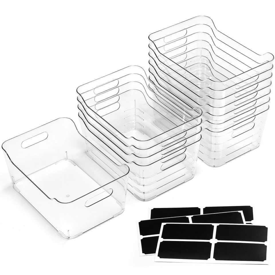 12 PACK Multi-Use Clear Plastic Storage Bins for Organizing w/ Labels ...