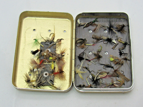 Perrine #69 Fly Box w/50 Trout Flies Gold Tone Aluminum Magnetic Fly ...