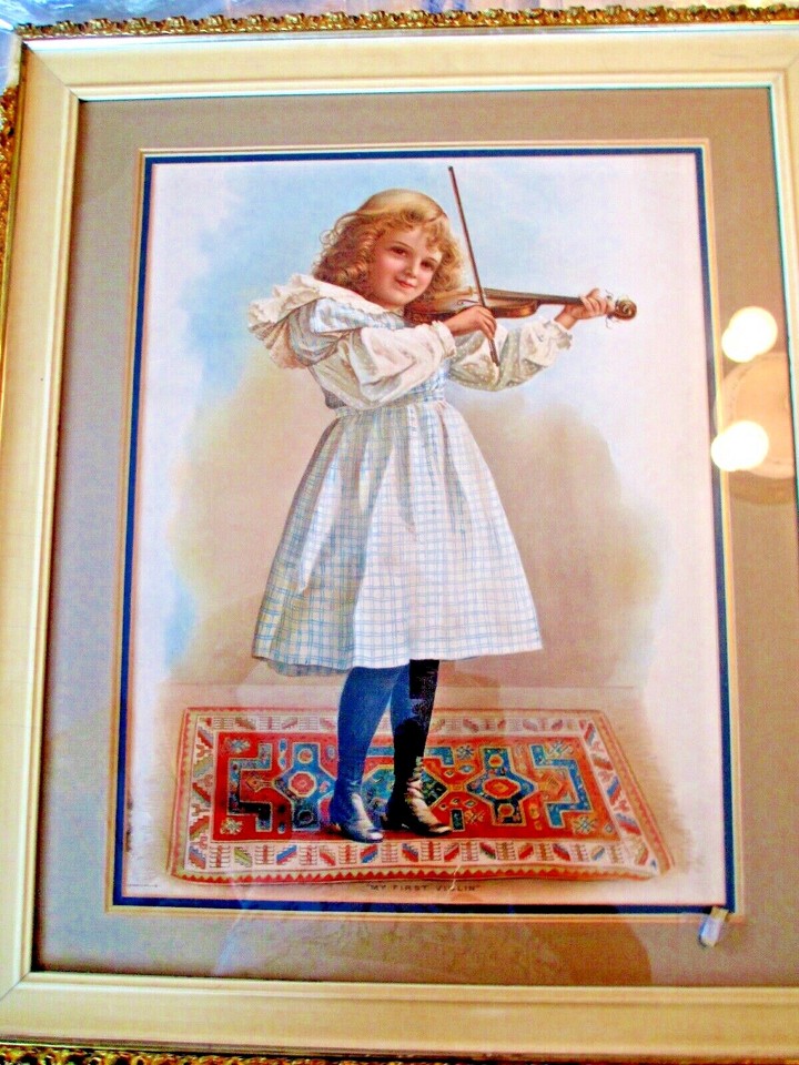 AMAZING FRAME 23 X26"~ SPECATULAR 1900 PRINT "MY FIRST VIOLIN" ~ Girl ...