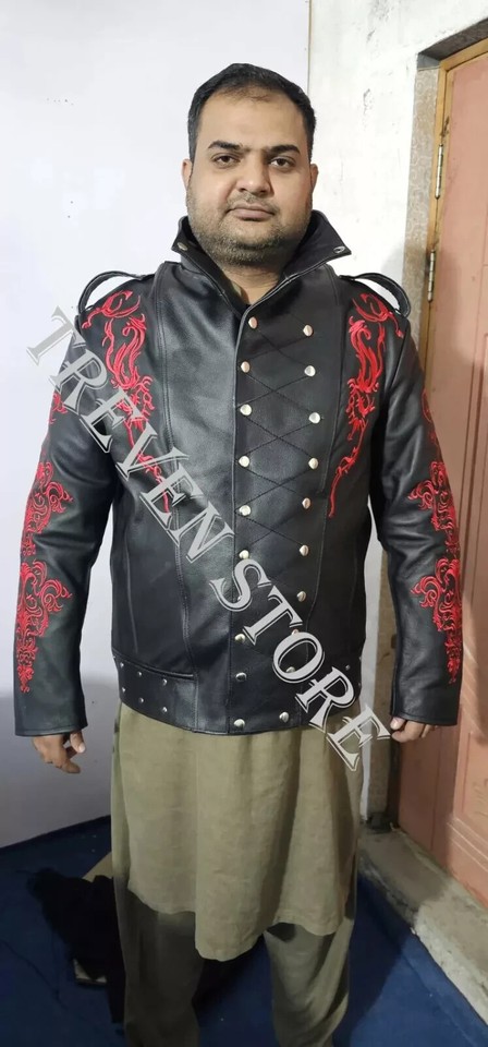 Gothic Dragon Leather Jacket - Black with Red Embroidery, Steampunk ...