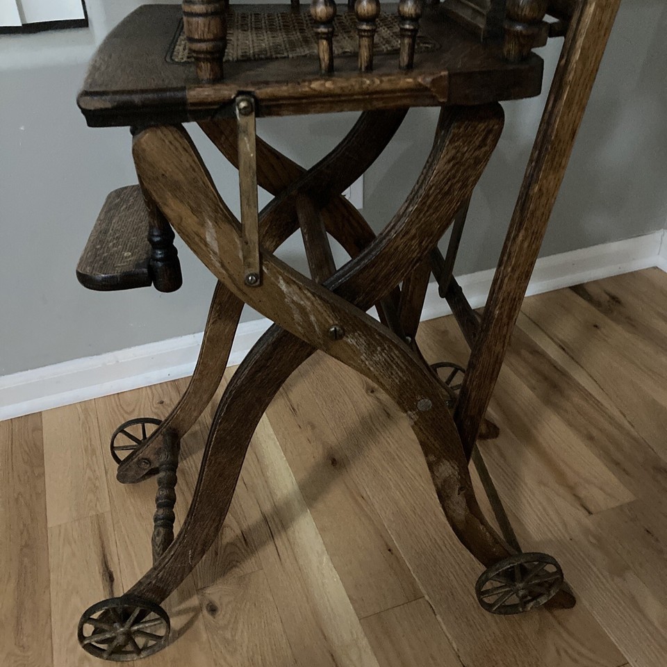 Antique Oak High Chair And Stroller Combination Chair W/ Wicker Seat | eBay