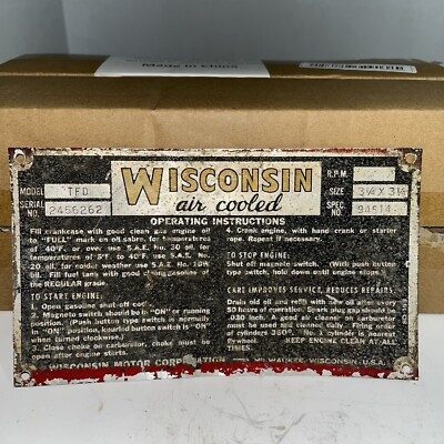 Wisconsin model TFD air-cooled name plate | eBay