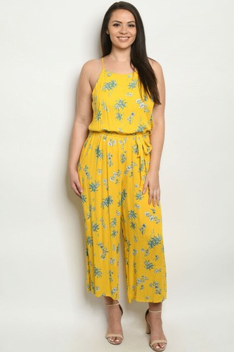 Womens Plus Size Yellow Floral Wide Leg Capri Jumpsuit 1XL Summer ...