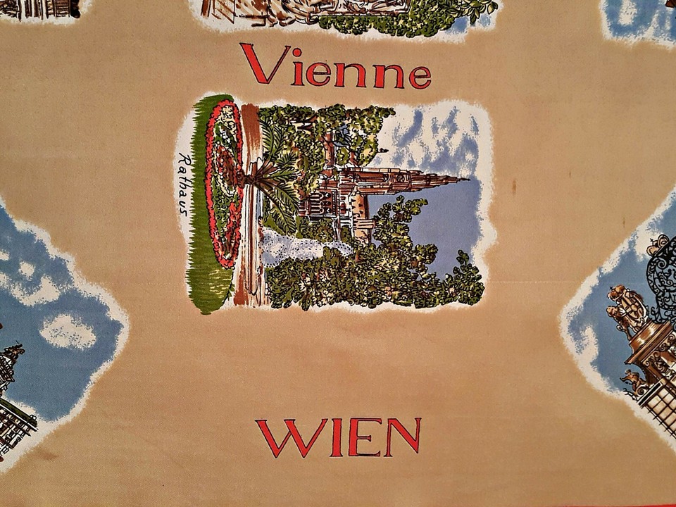 AUSTRIA-VINTAGE AUTHENTIC SOUVENIR VIENNA LANDMARKS ACETATE 27" SQUARE ...