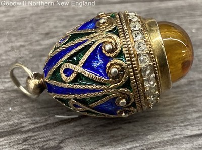 Unmarked Tests Sterling Silver Decorated Enamel Egg Amber Color Pendant ...