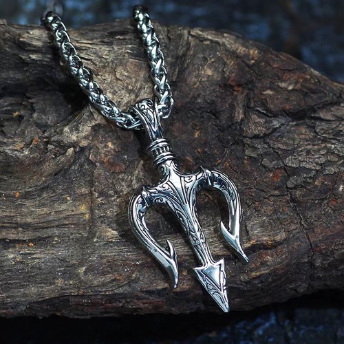 Mens Silver Poseidon Trident Pendant Punk Rock Biker Necklace Braided ...