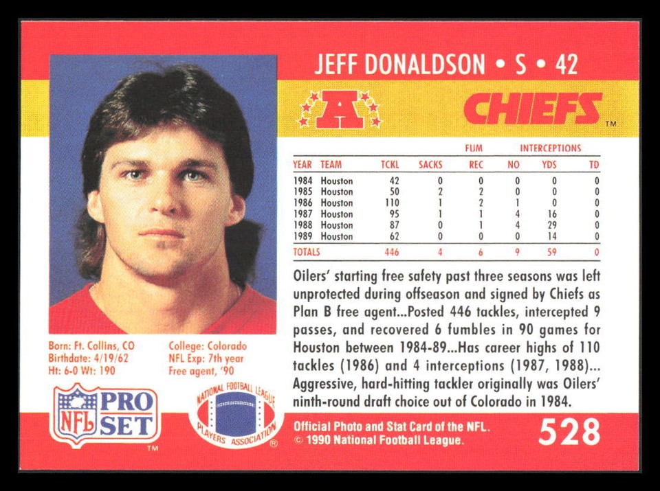 1990 Pro Set Jeff Donaldson #528 Kansas City Chiefs Football Card | eBay