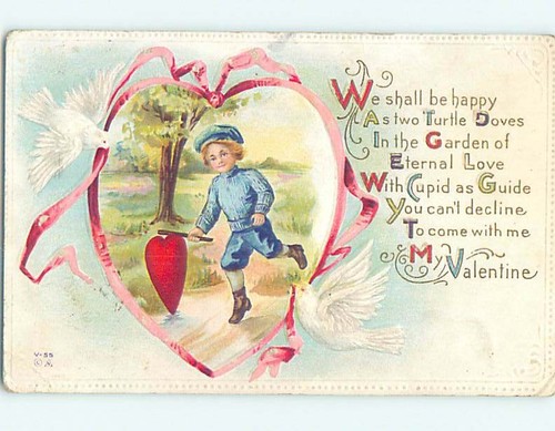 Divided-Back valentine BOY ROLLING A HEART DOWN PATH WITH A STICK o5043 ...