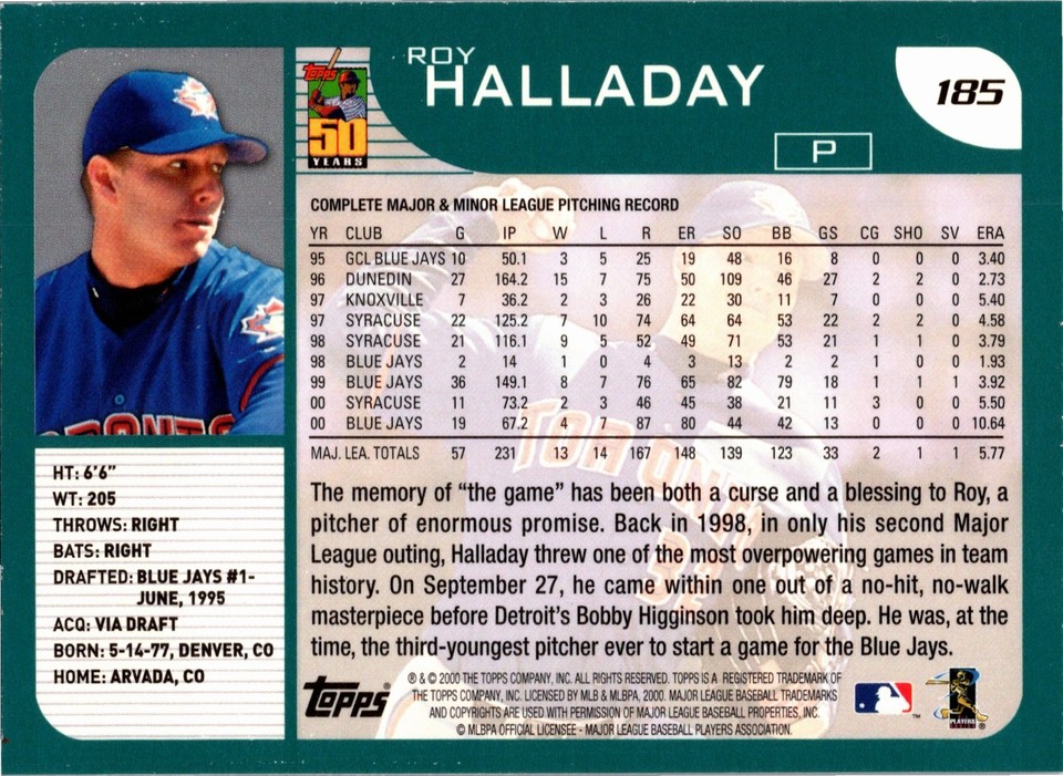 Roy Halladay -Toronto Blue Jays- 2000 Topps Base & Opening Day - 2001 ...