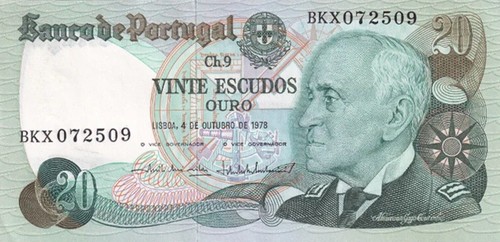 Portugal 20 Escudos Banknote. single 20 Escudos 1978 Circulated bill ...