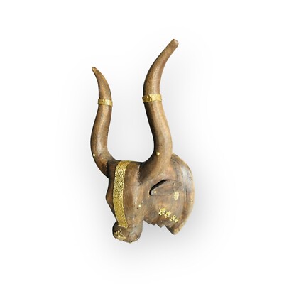 Wooden Hand Carved Cow Head Antique Look Brass Work Nandi Head Wall ...
