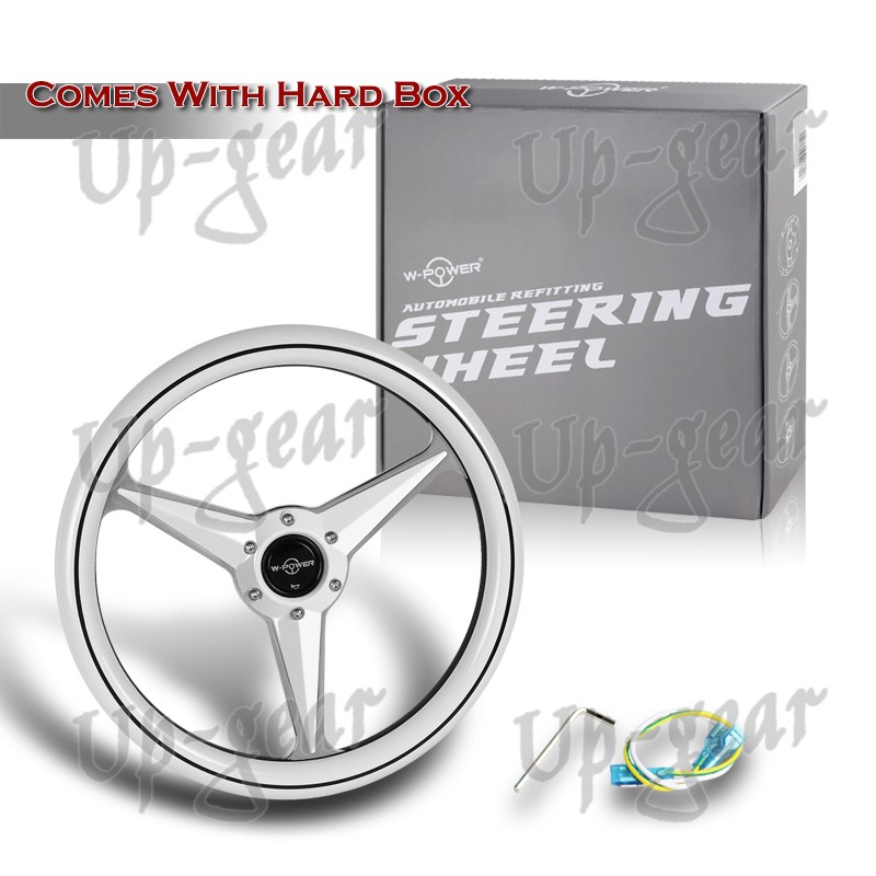 White Wood Grip W-Power 13.75" White 3-Spoke 6-Hole Center Steering ...