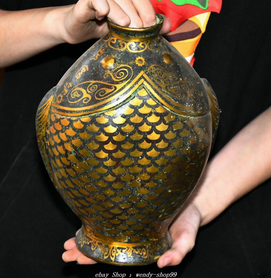 9.8"Old Dynasty Bronze Ware Gilt Word Fish Goldfish Fishs Flower Bottle ...