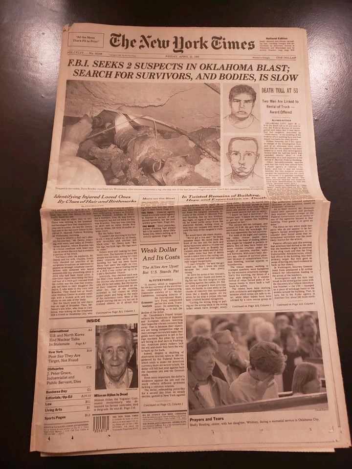 April 20 & 21, 1995: OKLAHOMA CITY Bombing Tragedy OKC New York Times ...