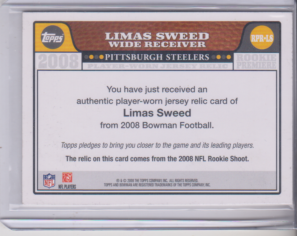 2008 Bowman Limas Sweed rookie player worn jersey RPR-LS Pittsburgh ...
