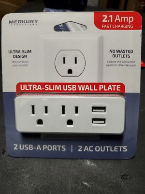 Merkury USB WALL PLATE 2 USB-A PORTS 2 AC OUTLETS Fast Charge Phone ...